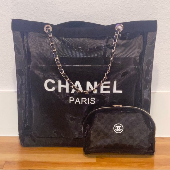 CHANEL | Bags | New Chanel Black Mesh Tote With Chain Straps Makeup ...